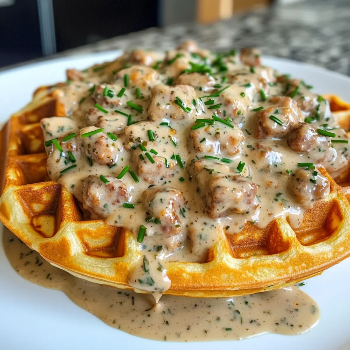 Irresistible Cheddar Chive Waffles with Savory Sausage Gravy
