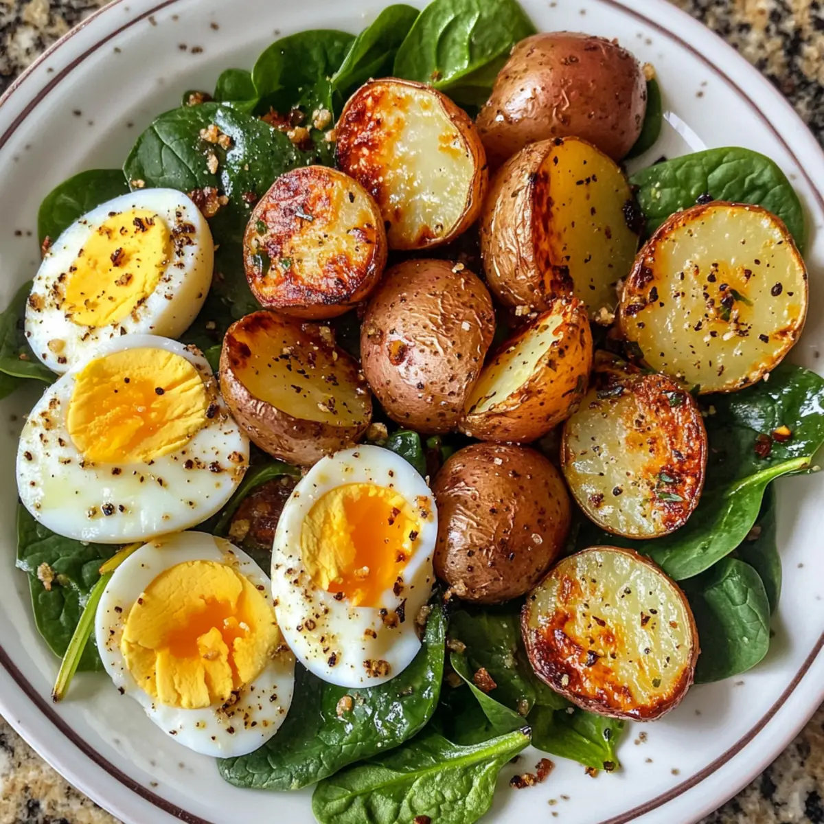 Irresistible Garlic Roasted Potato Spinach Salad with Eggs